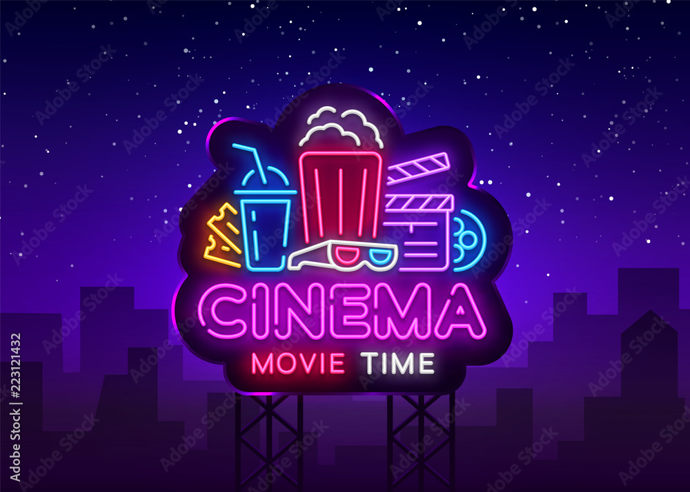 Movie Time Neon Logo Vector. Cinema Night neon sign, design template ...