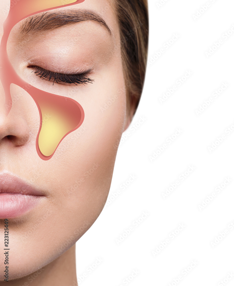 Female face shows nasal sinus with cold over white background. Stock ...