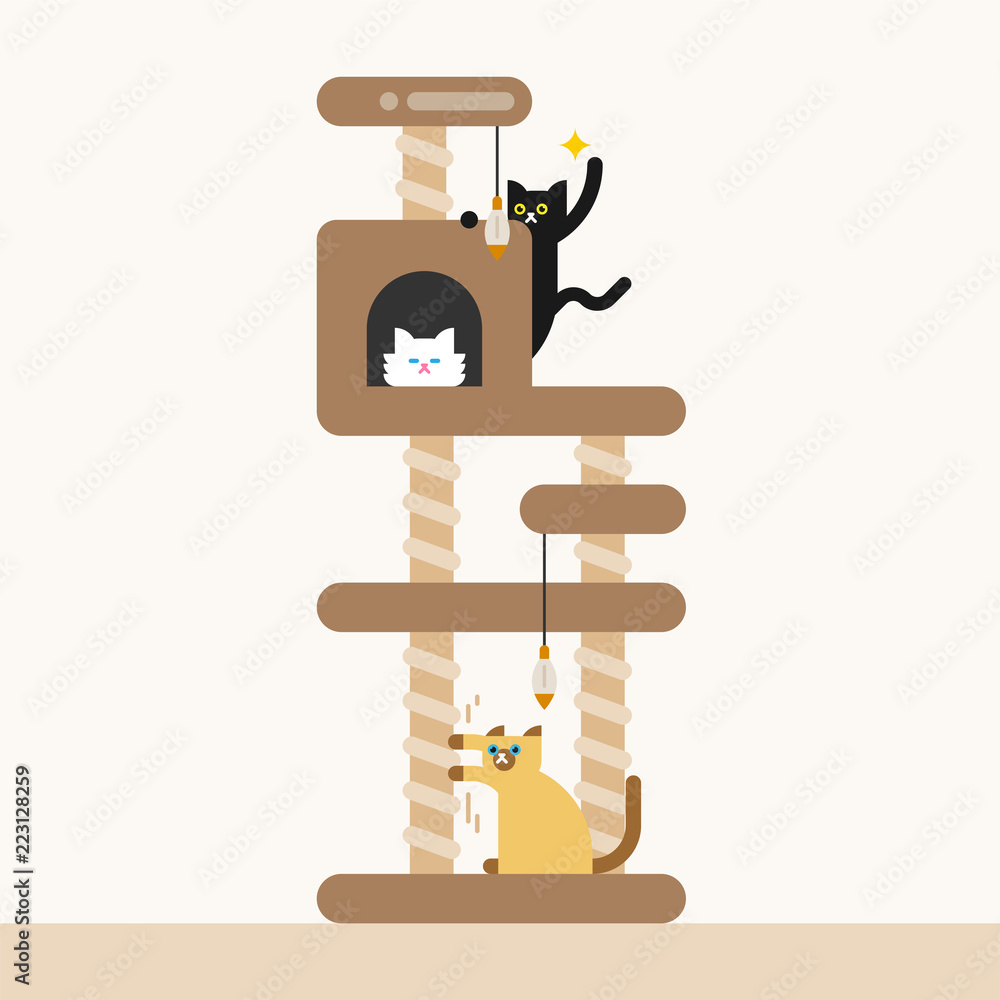 cute cats are playing on the cat tower. flat design style vector ...