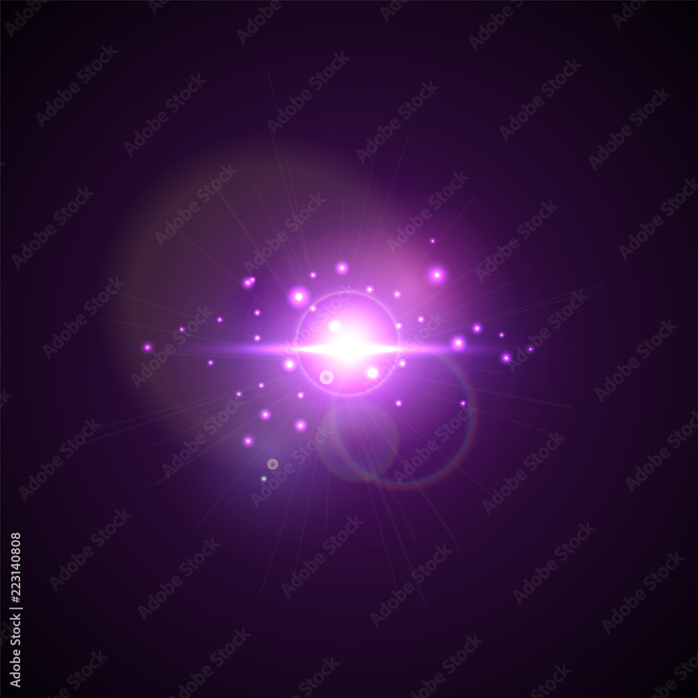 Purple Flash with rays and spotlight. Realistic light glare, high loth ...
