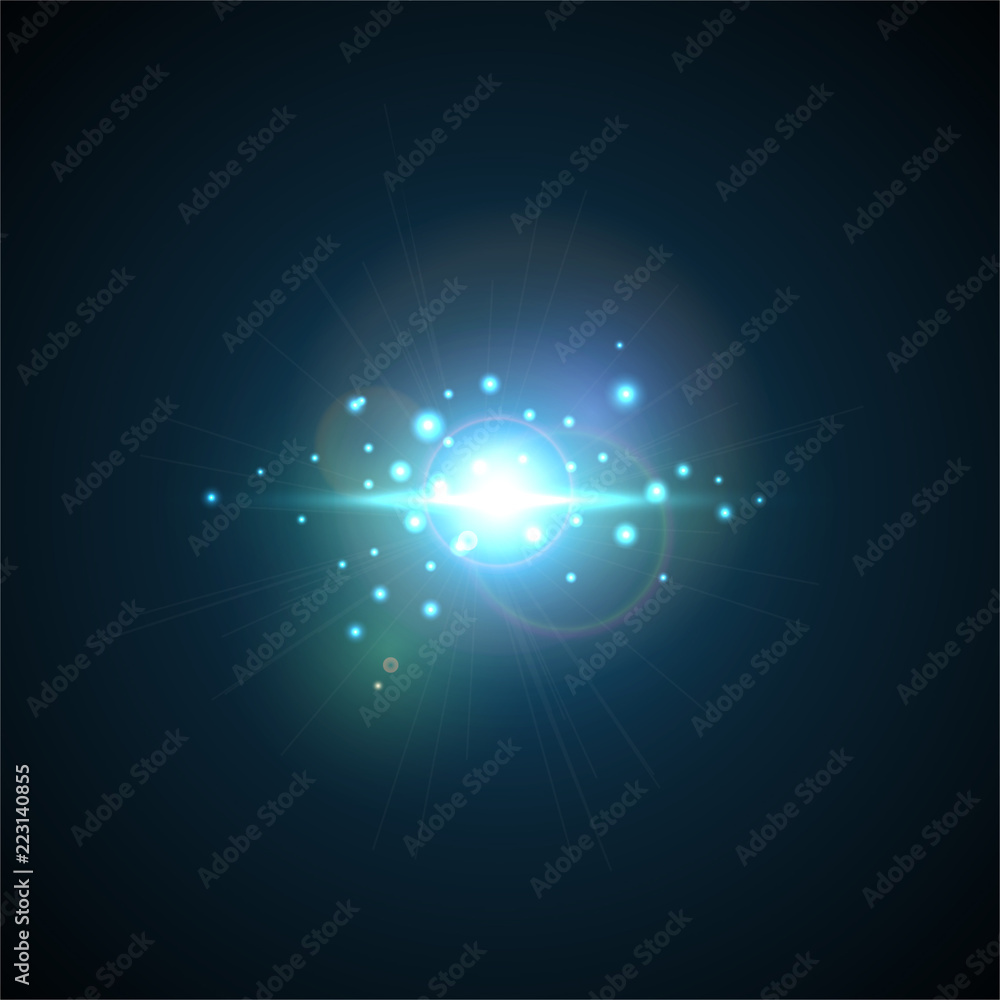 Blue Flash with rays and spotlight. Realistic light glare, high loth ...
