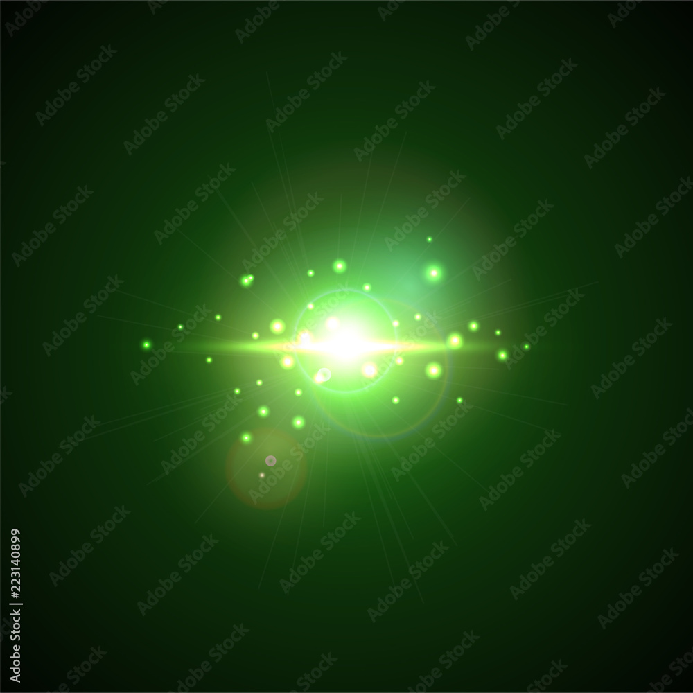 Green Flash with rays and spotlight. Realistic light glare, high loth ...