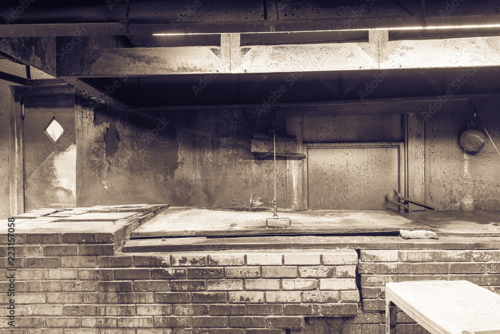 Vintage tone empty pit room at a traditional Texas style BBQ Meat ...