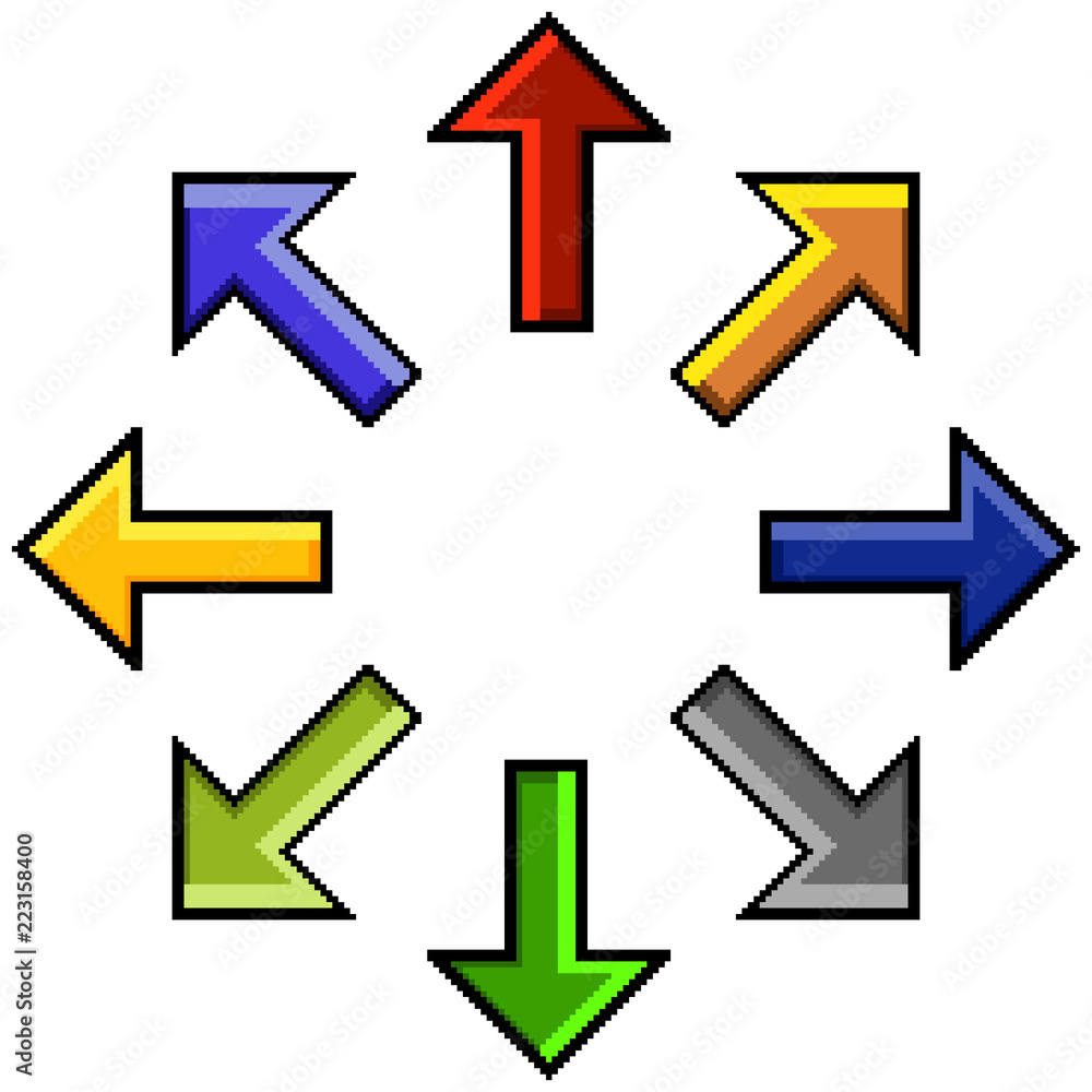 Pixel art: a collection of arrows pointing at many different directions ...
