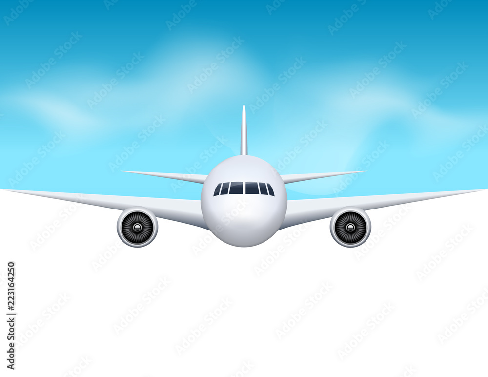 Airplane background. Commercial airliner travel concept. Plane in blue ...