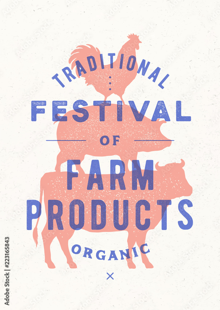 Poster for farm fest. Cow, pig, rooster stand on each other. Vintage ...