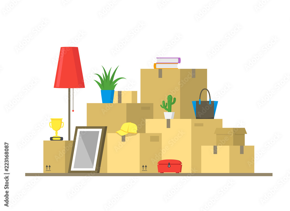 Cartoon Color Pile Boxes Moving Concept. Vector Stock Vector | Adobe Stock