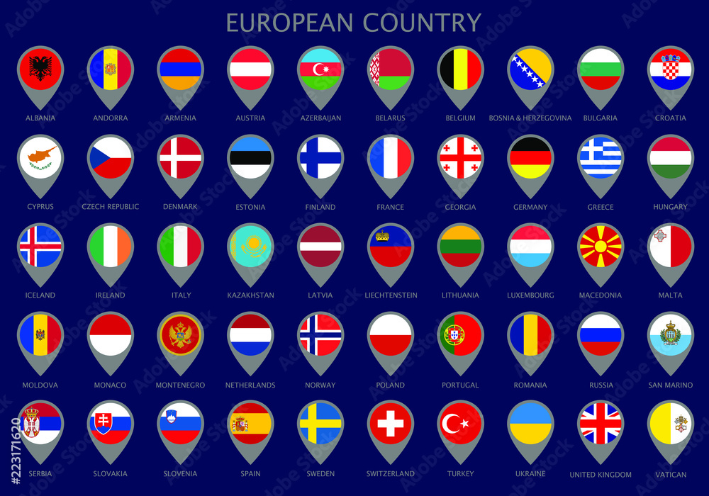 Poster Map pointers with all official national flags of the European ...