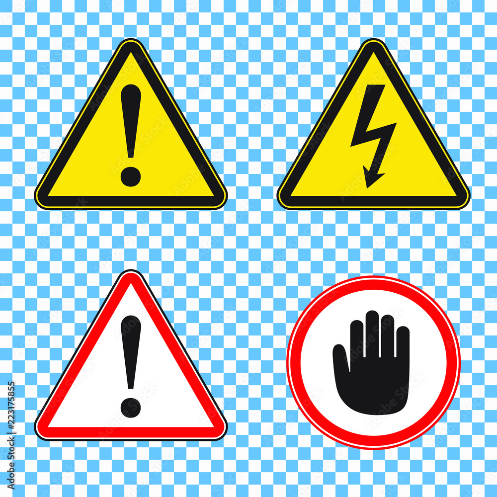 Set of warning signs for security clearance: danger sign, high voltage ...