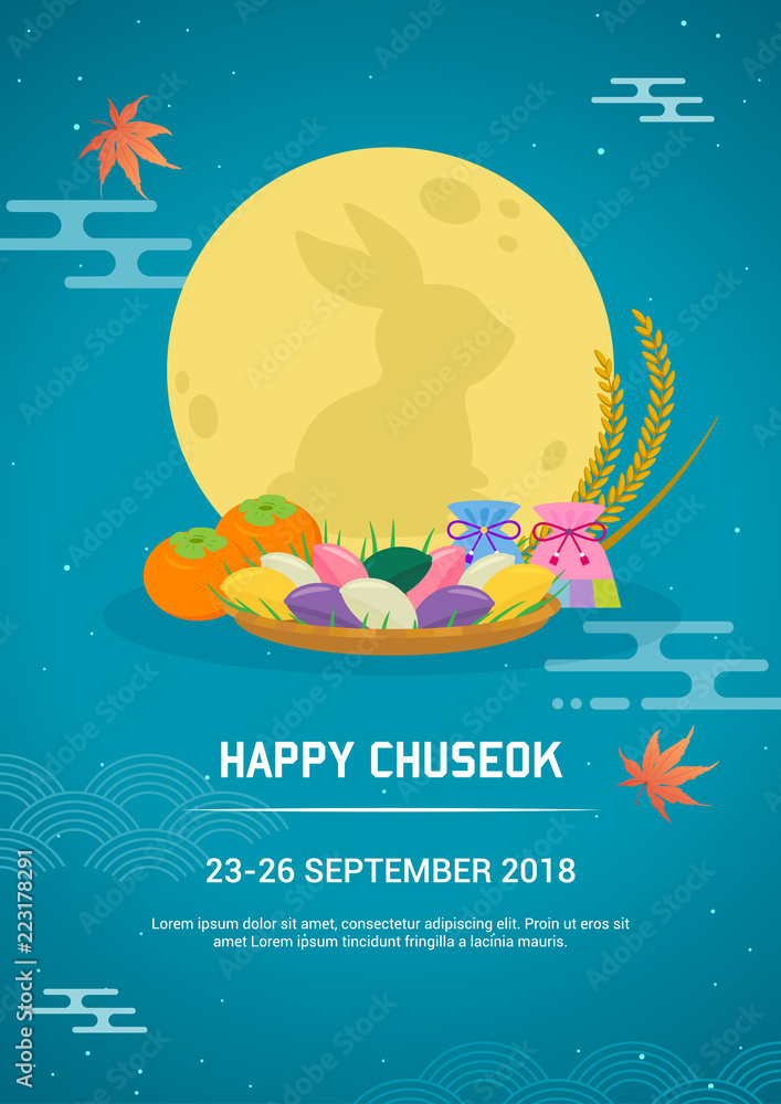 Happy Chuseok poster vector illustration. Night sky with set of lucky ...