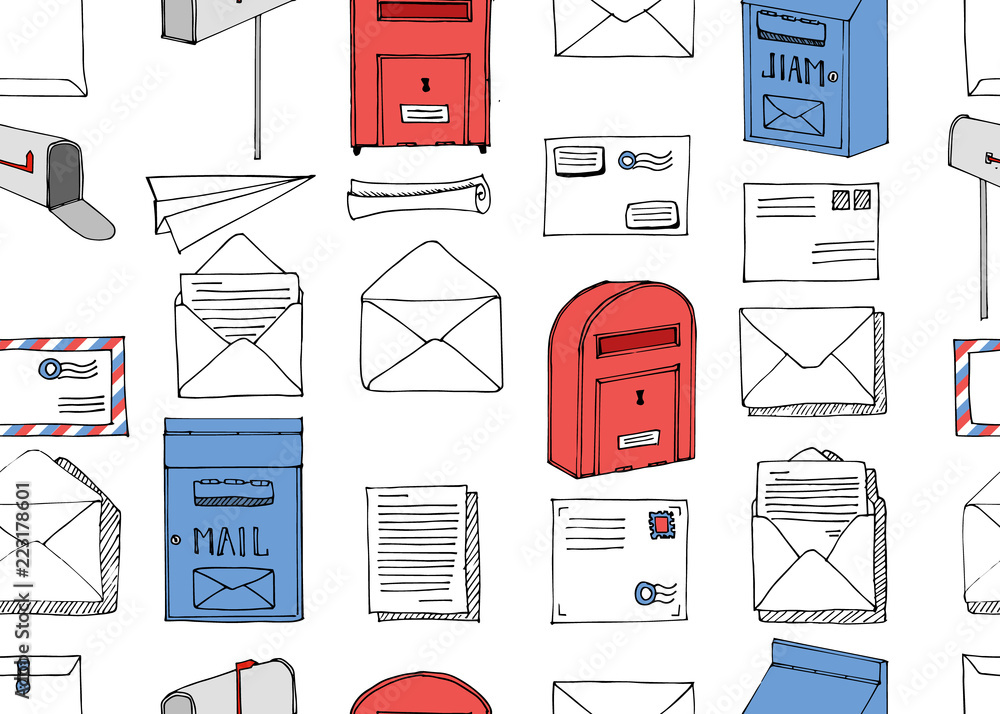 Hand drawn seamless pattern. Mail, post, letter, envelope, paper plane ...