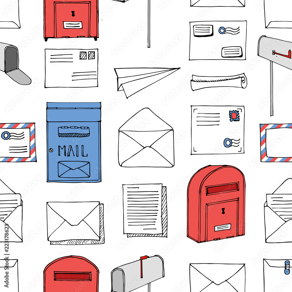 Hand drawn seamless pattern. Mail, post, letter, envelope, paper plane ...