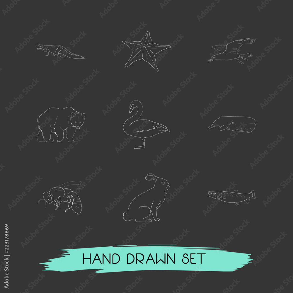 Set of alive icons line style symbols with salmon, bear, albatross and ...