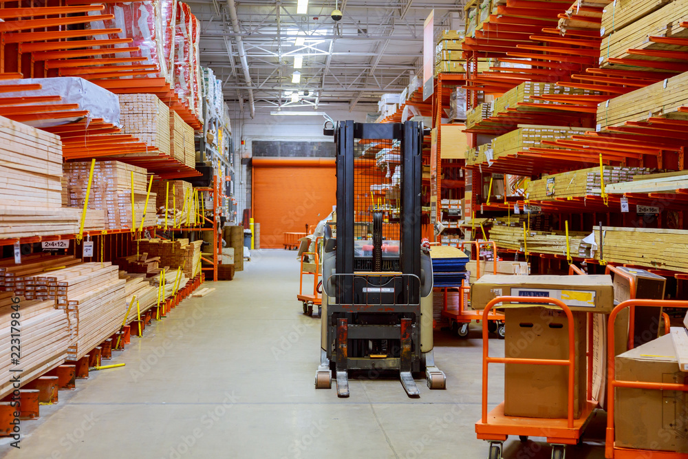 Building materials warehouse, logistics concept, construction of houses ...