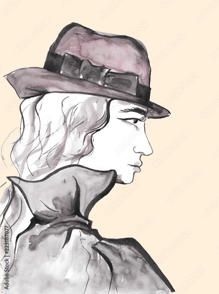 Beautiful girl face in profile. Portrait of Lady Wearing Hat ...