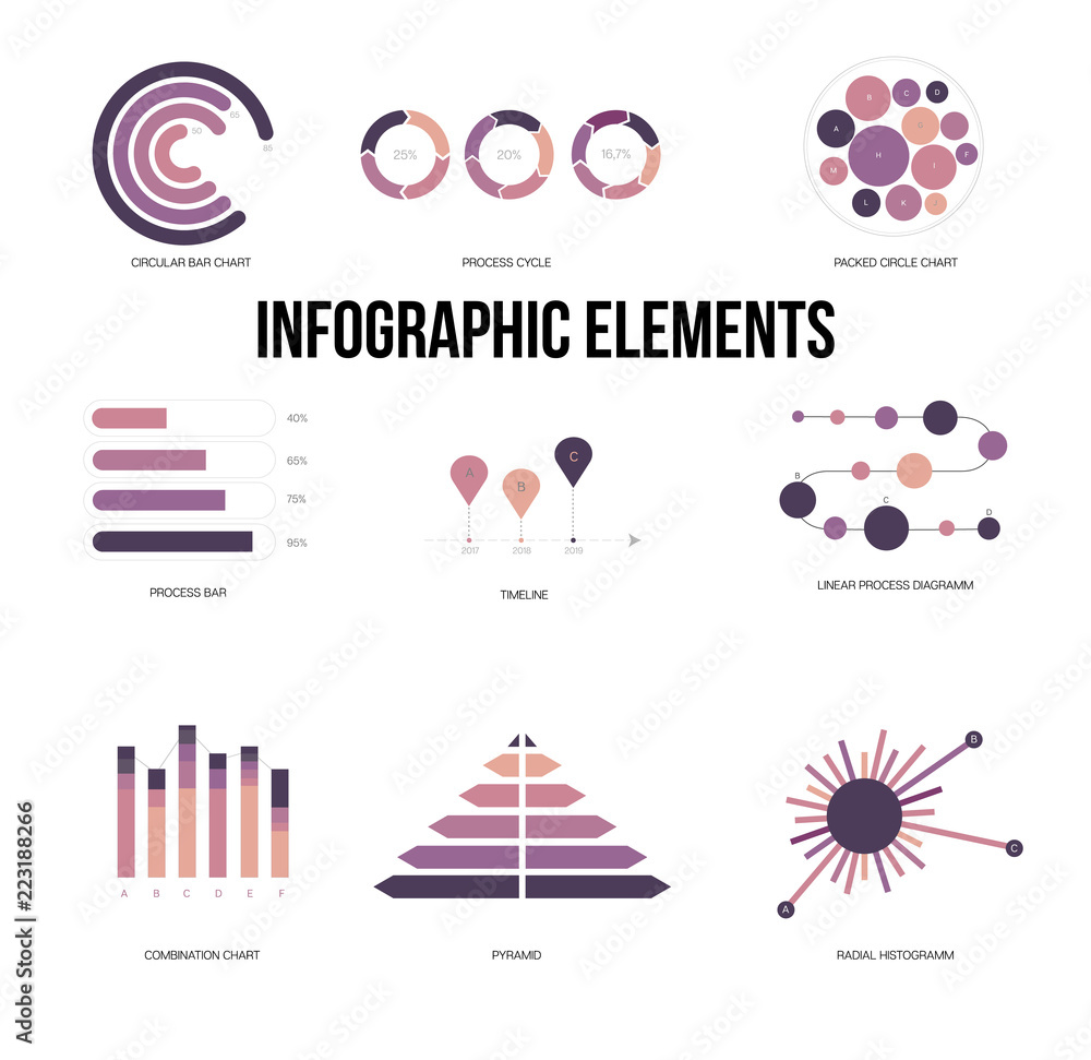 Infographic Elements, Timeline Presentation Vector Set. Pink, Purple ...