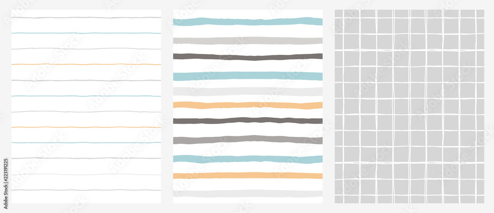 Set of 3 Hand Drawn Irregular Geometric Patterns. Horizontal Blue, Grey ...