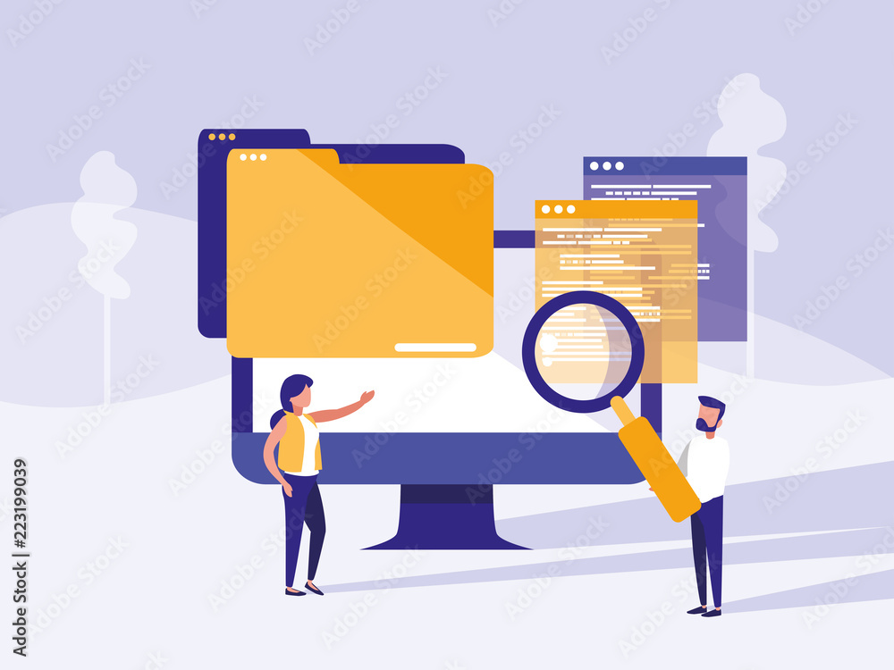 couple with monitor computer in landscape Stock Vector | Adobe Stock