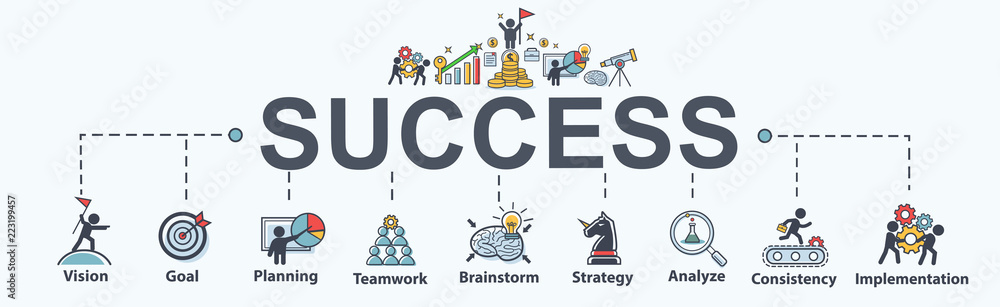 Success banner web icon set, vision, goal, planning, target, Strategy ...
