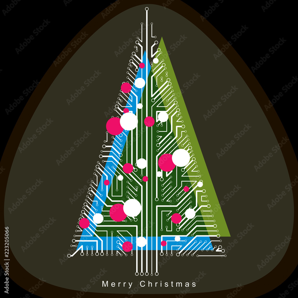Vector illustration of futuristic evergreen Christmas tree, technology ...