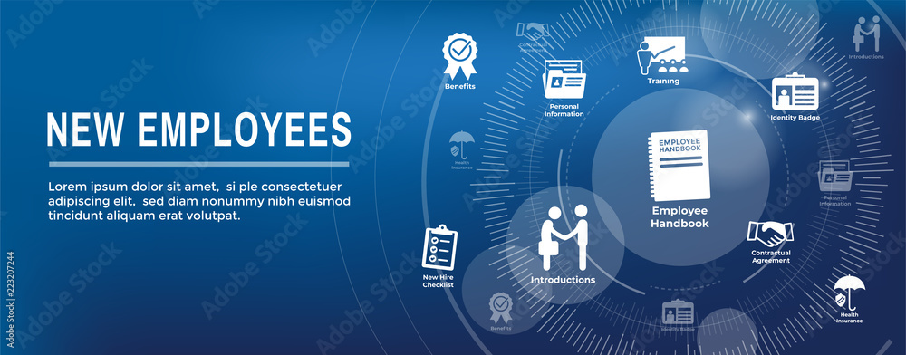New Employee Hiring Process icon set with handbook, checklist, etc ...
