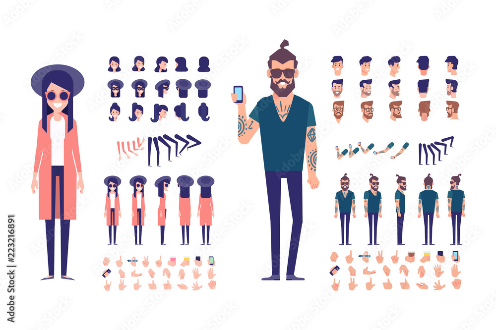 Front, side, back, 3/4 view animated characters. Young people creation ...