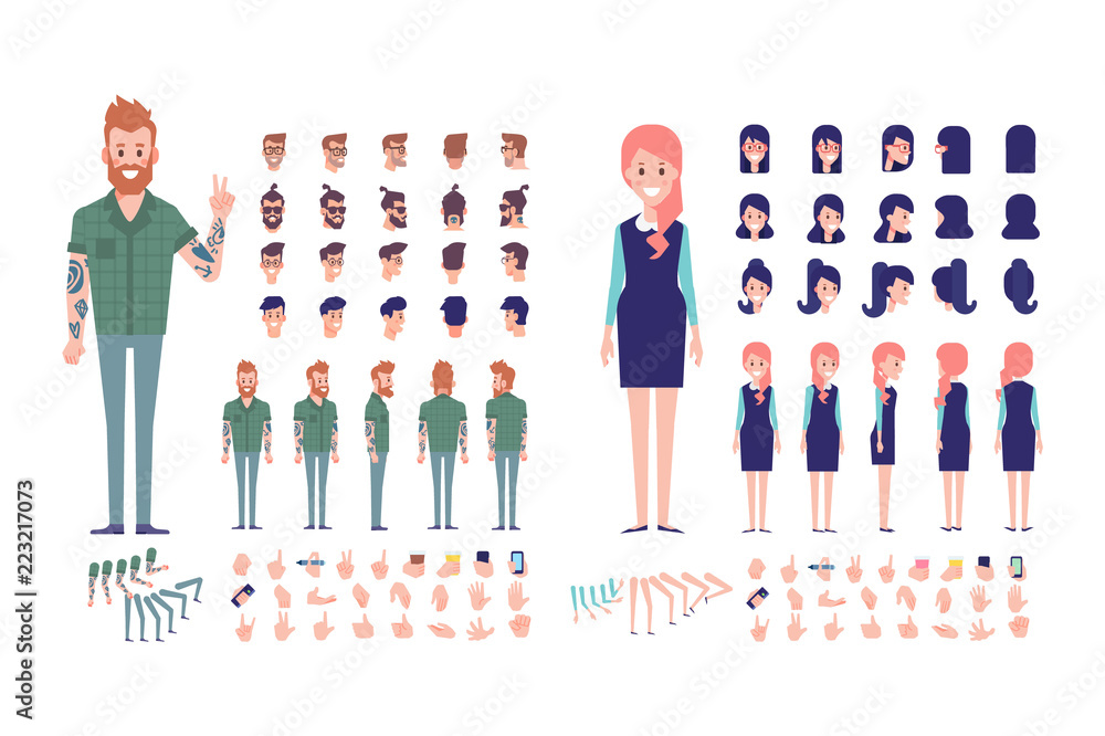 Front, side, back, 3/4 view animated characters. Young people creation ...
