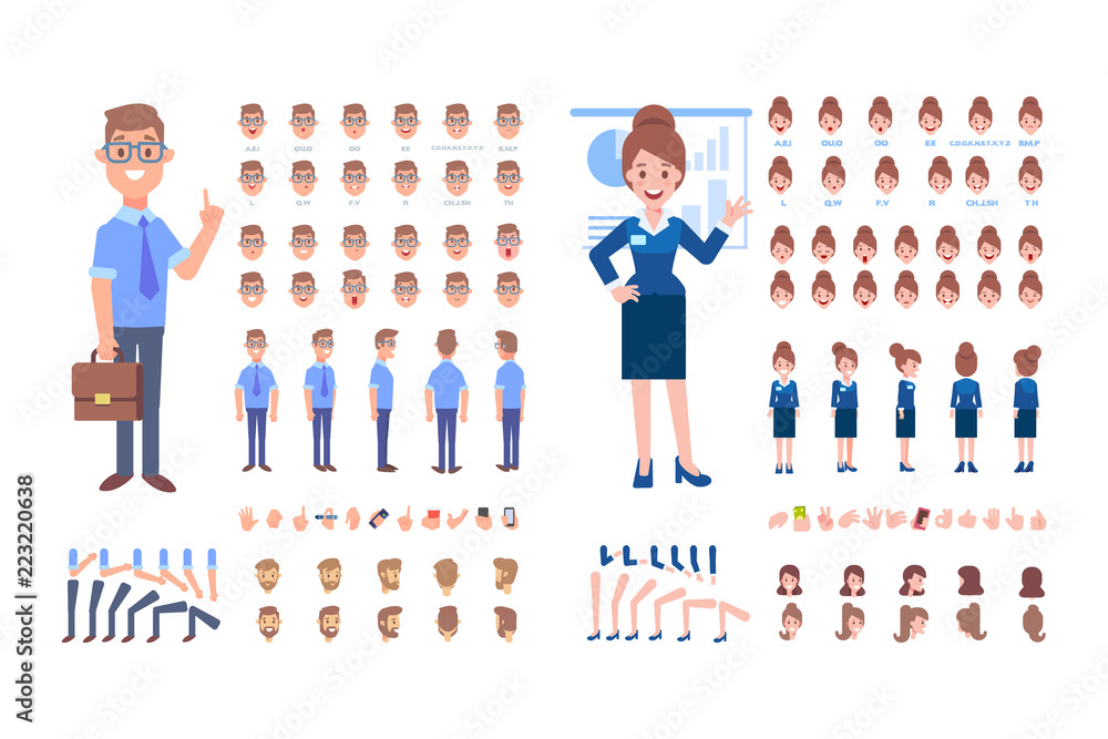 Front, side, back, 3/4 view animated characters.Business Man and woman ...