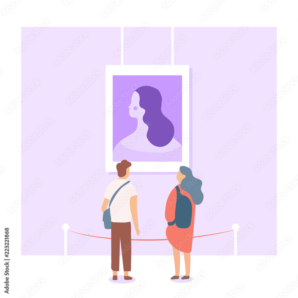 Art gallery. People looking at paintings at exhibition. Flat style ...