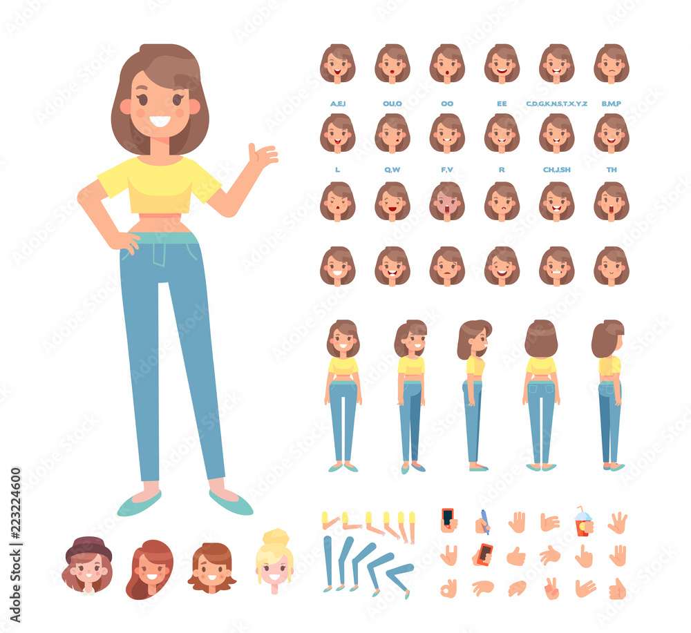 Front, side, back, 3/4 view animated character. Young girl character ...