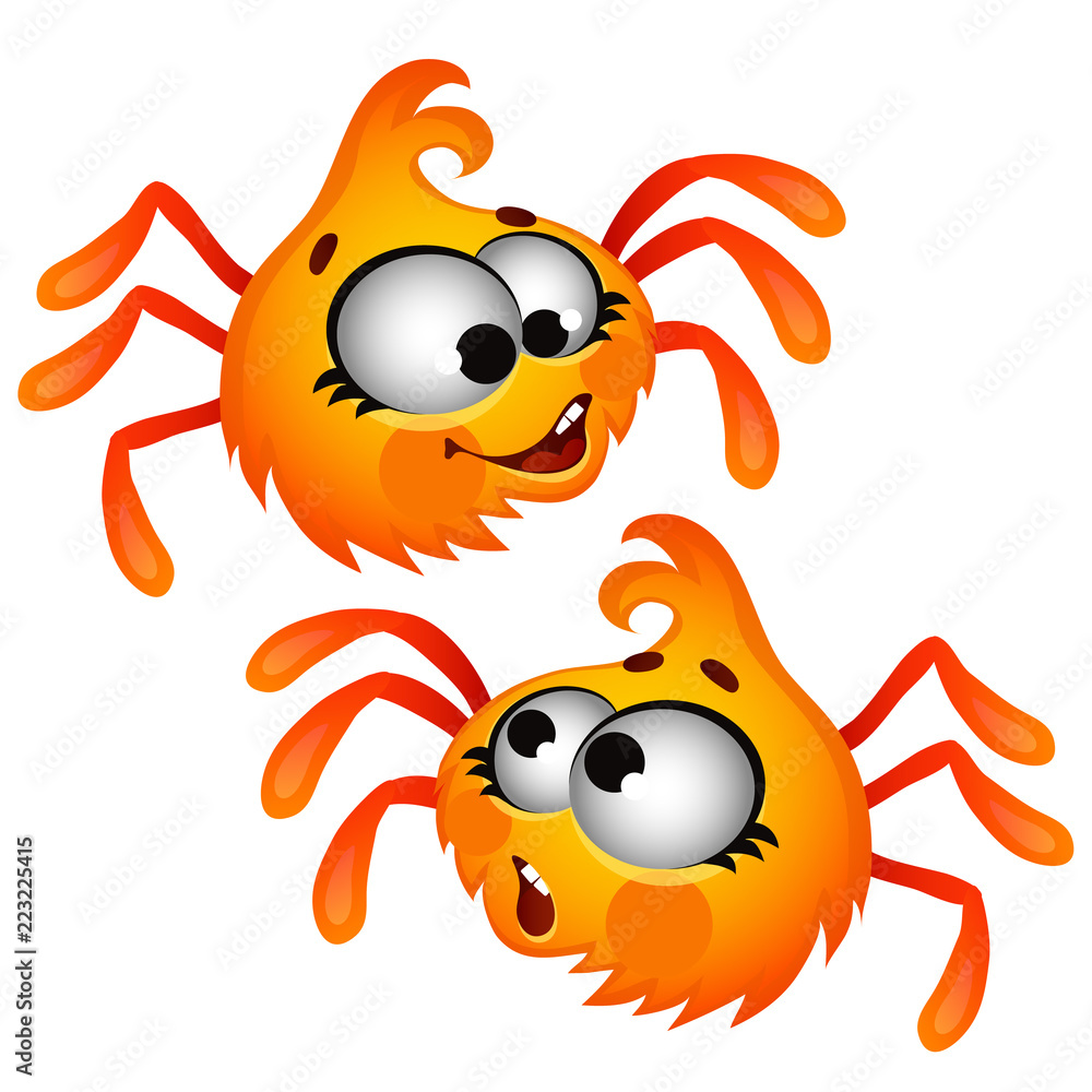 Set of funny laughing orange furry spider isolated on white background ...