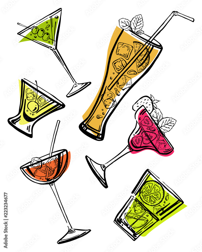 Vector outline hand drawn sketch illustration of different cocktails ...