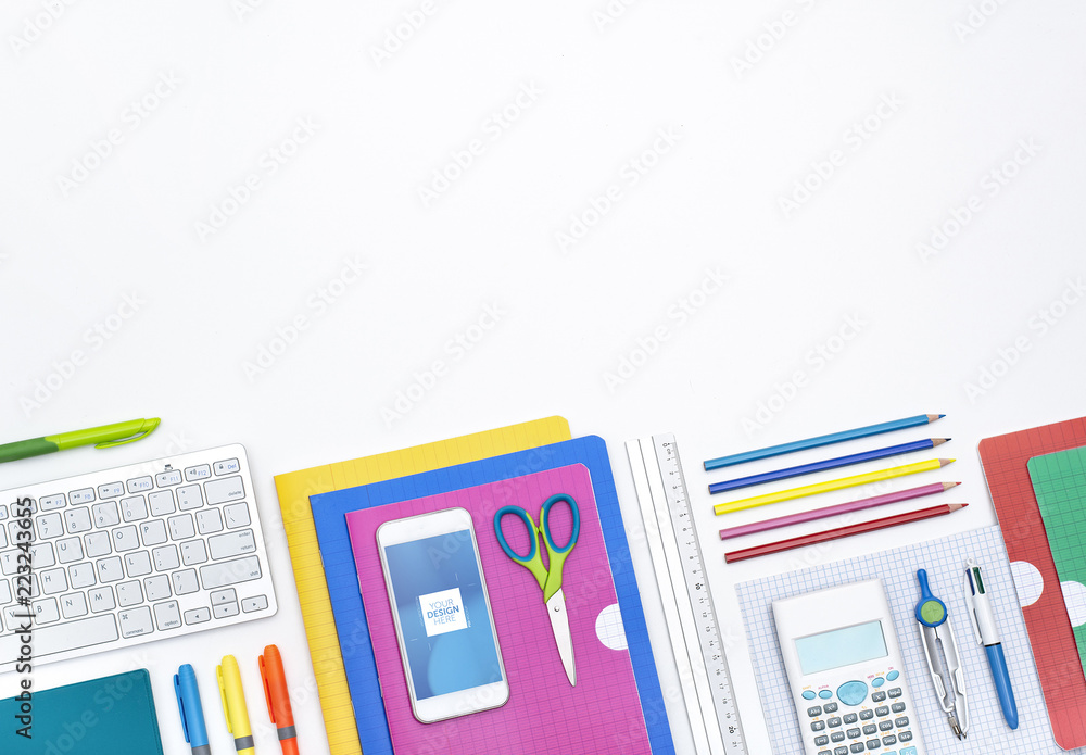 Smartphone with School Supplies Mockup Stock Template | Adobe Stock