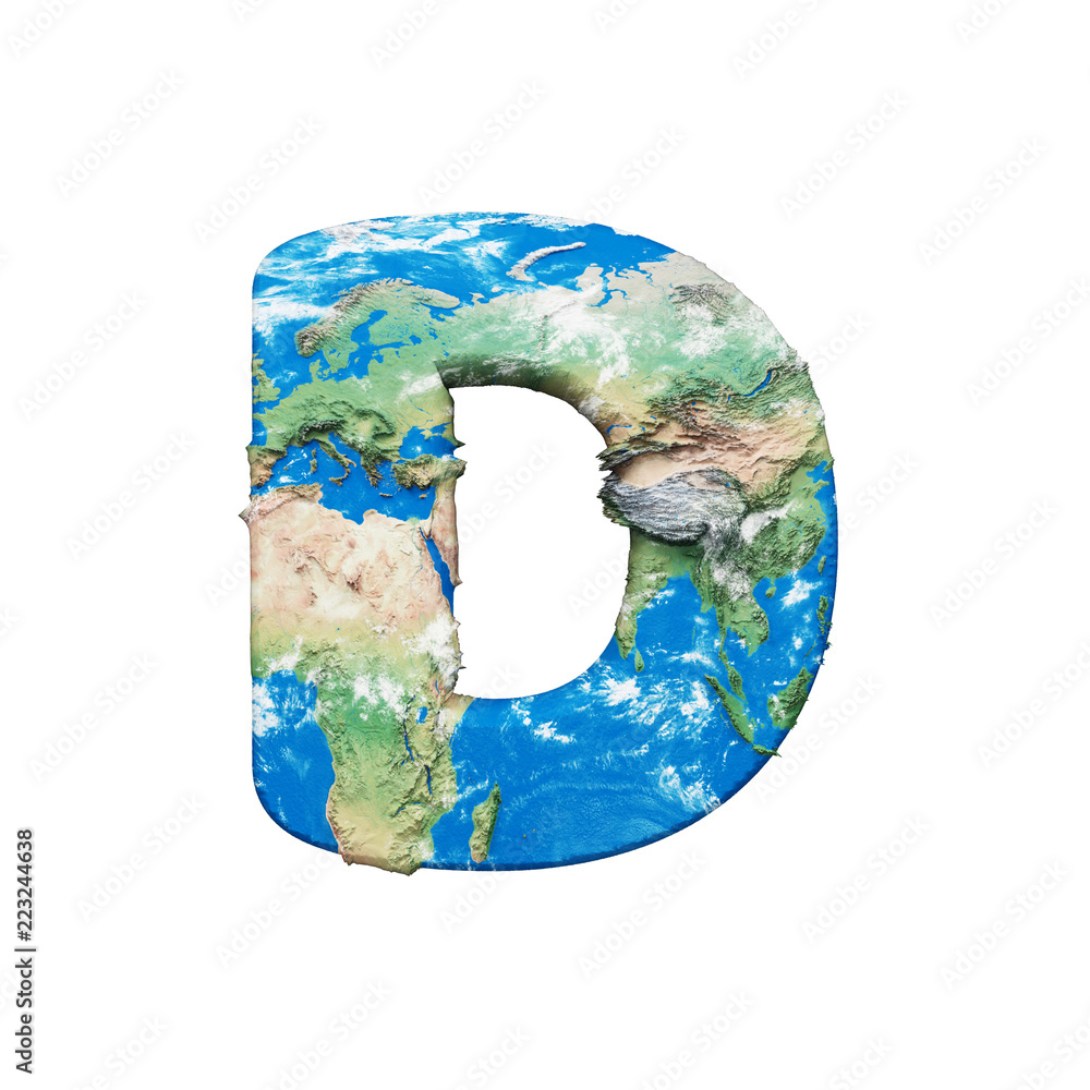 World earth globe alphabet letter D uppercase. Global worldwide font ...