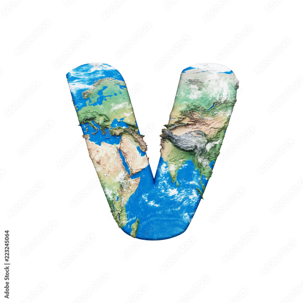World earth globe alphabet letter V uppercase. Global worldwide font ...