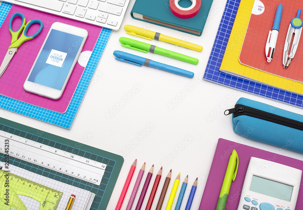 Smartphone with School Supplies Mockup Stock Template | Adobe Stock