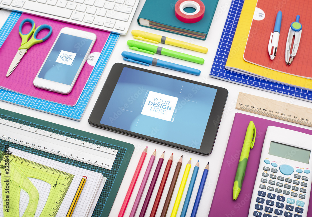 Smartphone and Tablet with School Supplies Mockup Stock Template ...