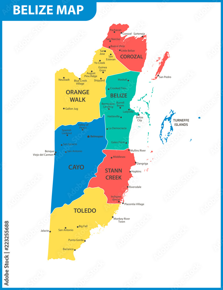 The detailed map of Belize with regions or states and cities, capital ...