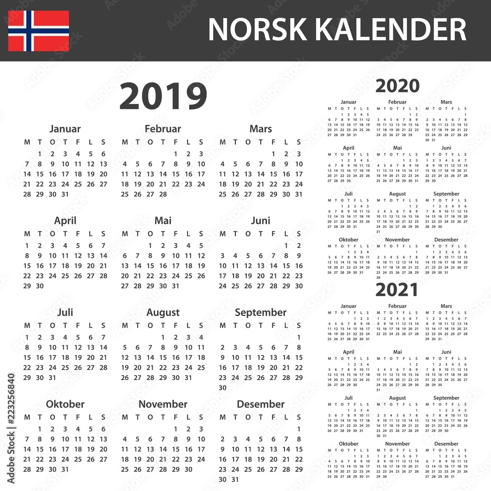Norwegian Calendar for 2019, 2020 and 2021. Scheduler, agenda or diary ...