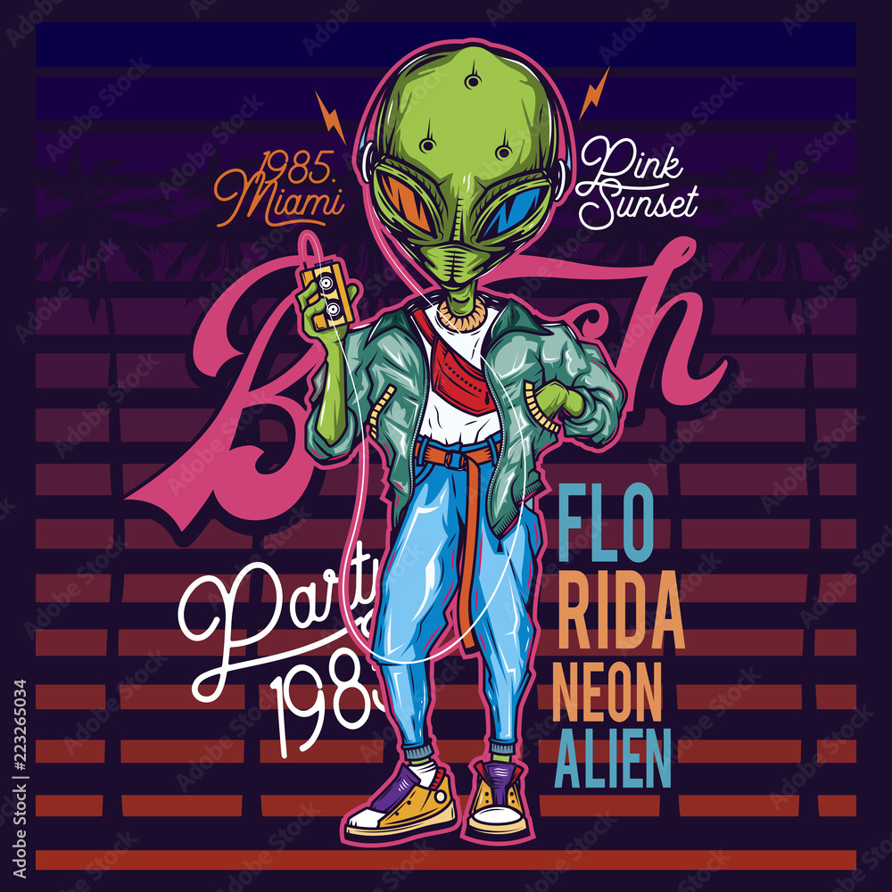 An alien in a retro style, against the sunset. Vector illustration in ...