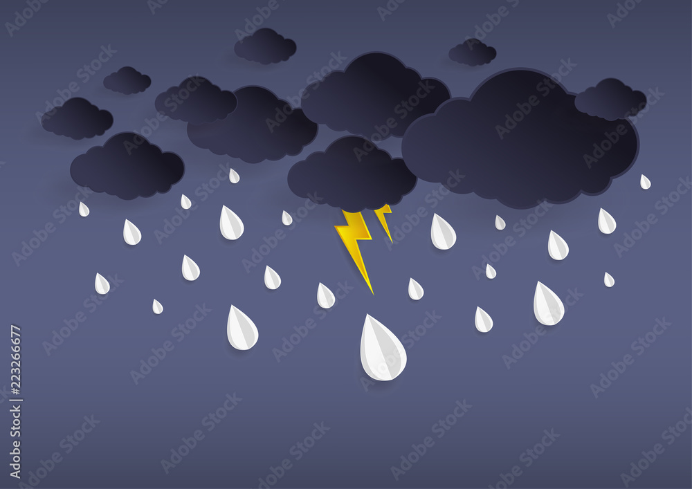 Rainy fall and clouds of thunder strom background. Paper art style ...