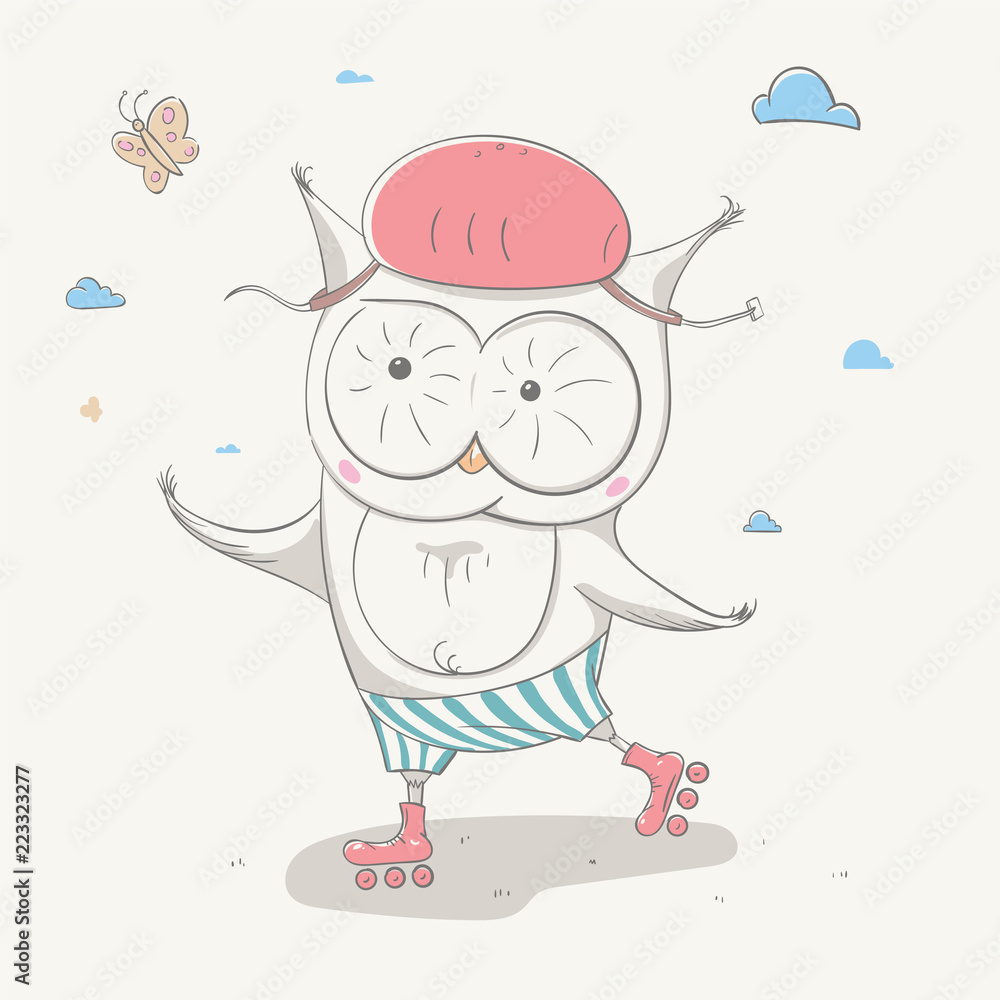 Lovely cute small owl in helmet chasing butterfly on rollers. Beautiful ...