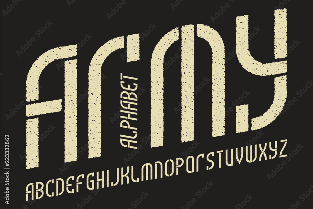 Army white on black alphabet. Gaming stylized military font. Isolated ...