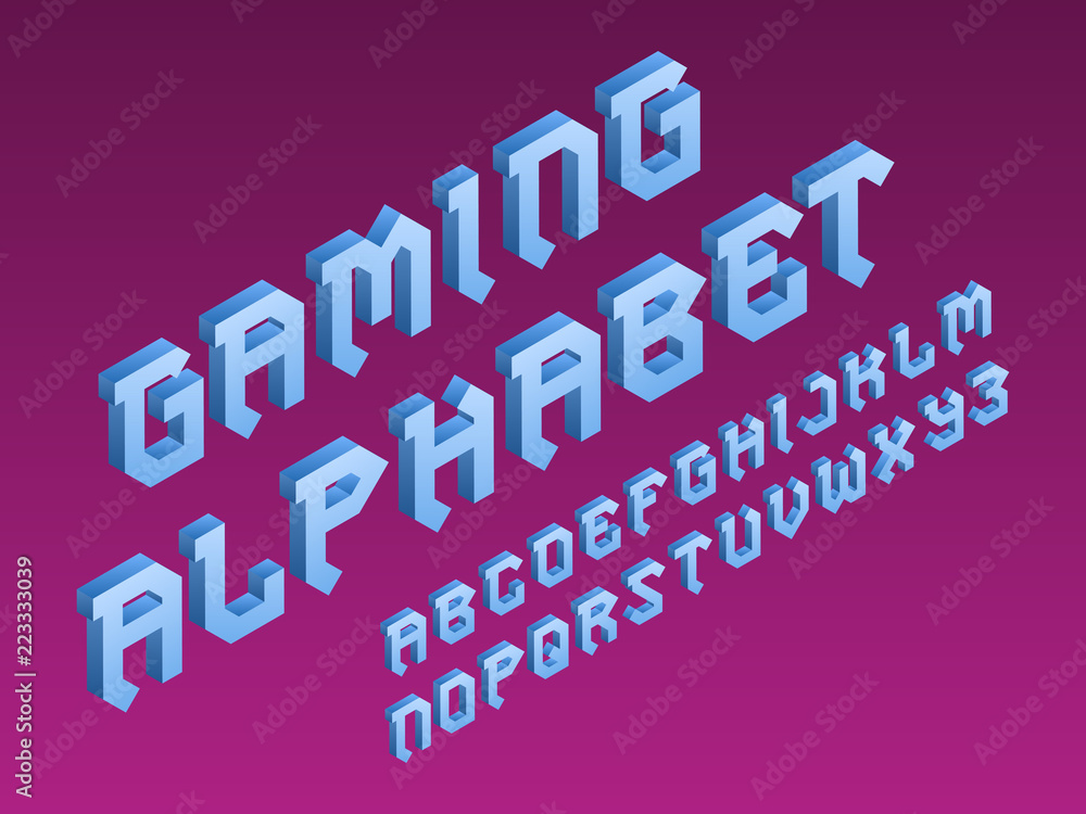 Gaming stylized alphabet of blue letters isometric font. Isolated ...