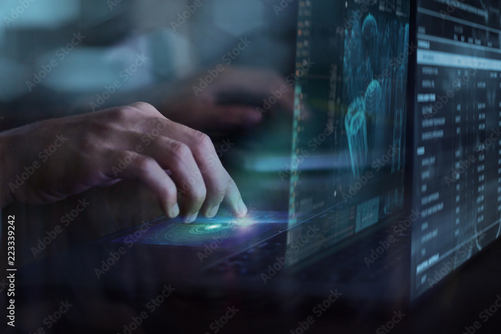 hand uses virtual reality technology to see futuristic or augmented ...