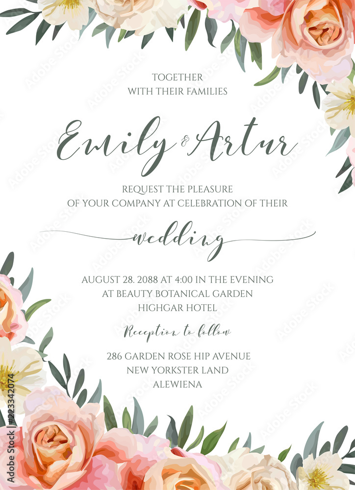 Wedding floral invite, invitation card.design with garden pink peach ...