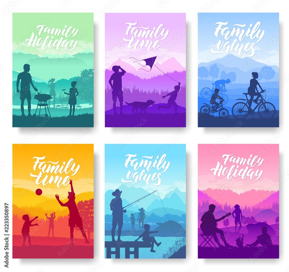 family vacation with children in nature brochure cards set. Friendly ...