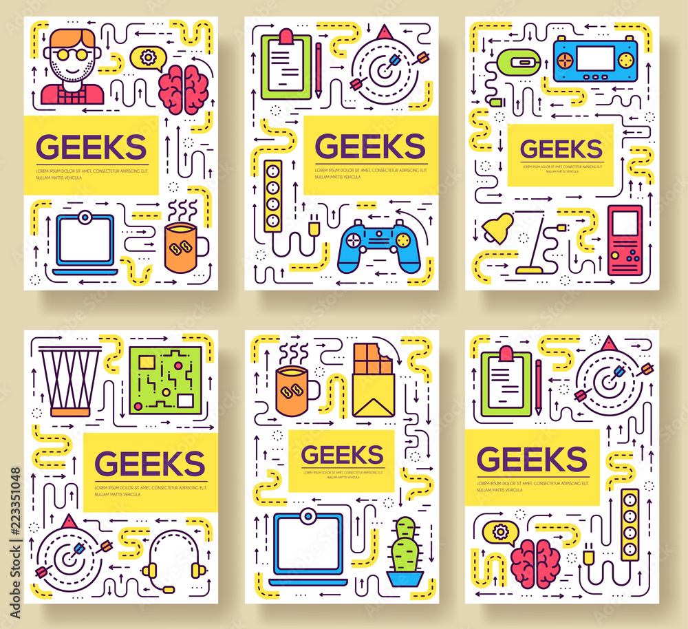 it geeks vector brochure cards thin line set. office professional ...