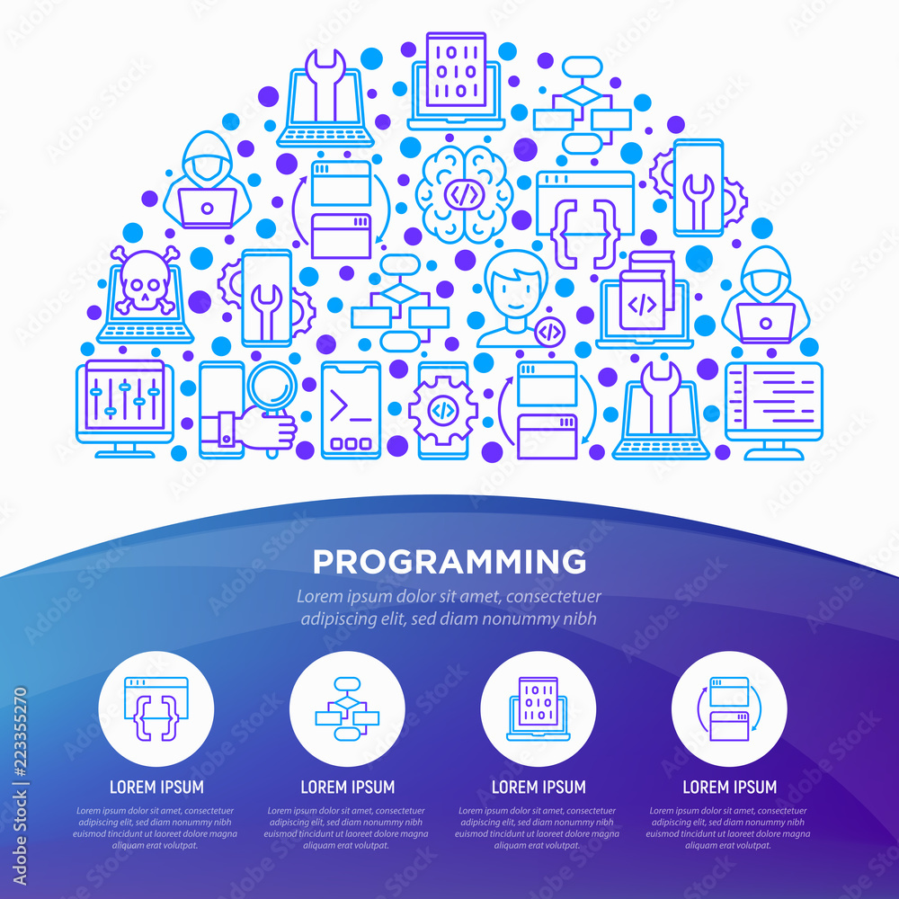 Programming Concept In Half Circle With Thin Line Icons Developer Code Algorithm Technical