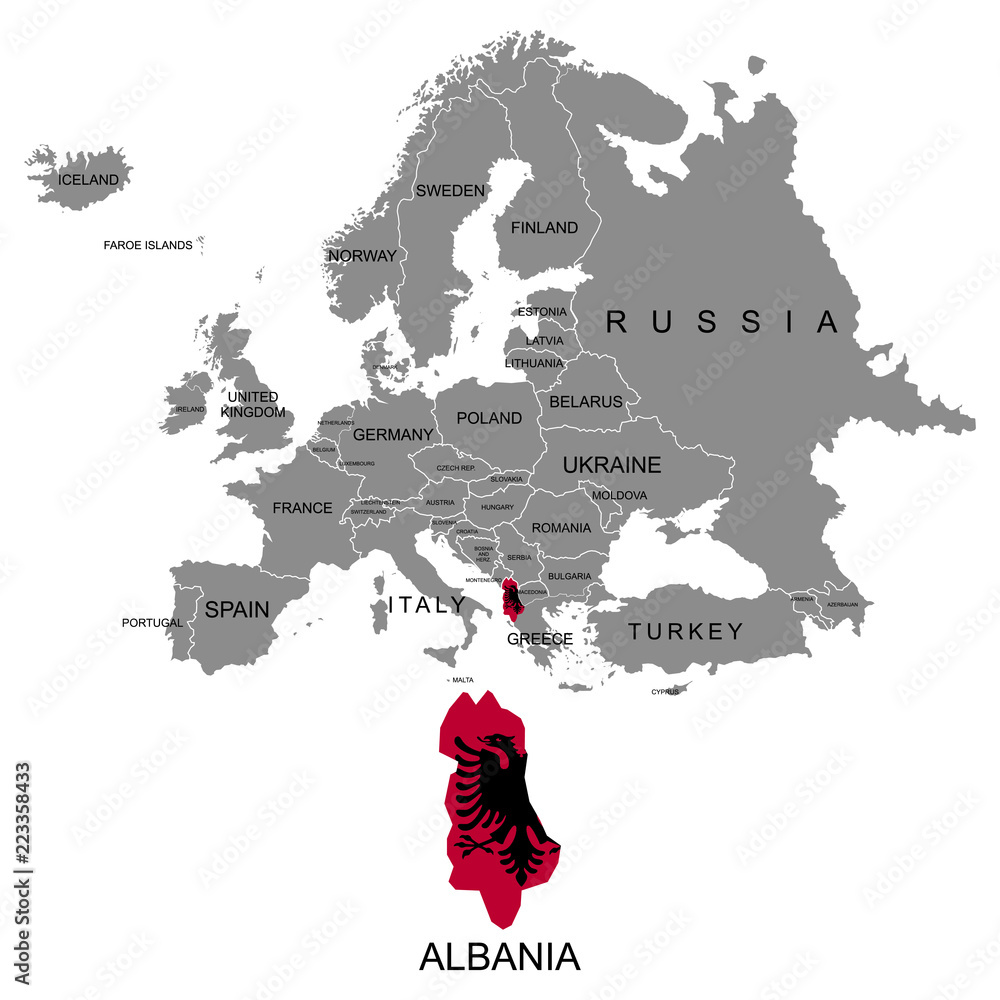 Territory of Europe continent. Albania. Separate countries with flags ...